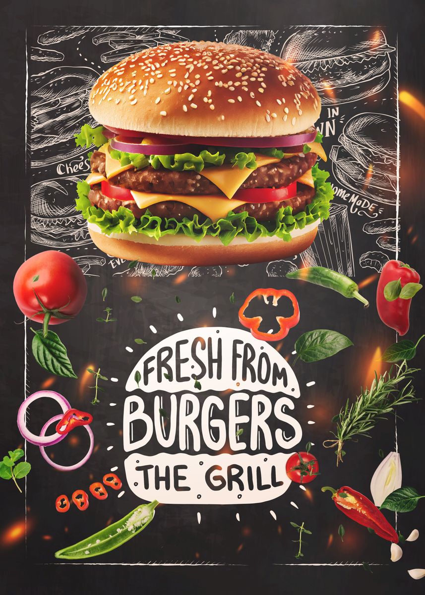 'Grill flame Burger' Poster, picture, metal print, paint by Stefan Merz ...