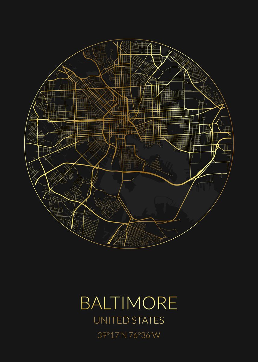 'Baltimore Black Gold Map' Poster by dkDesign | Displate
