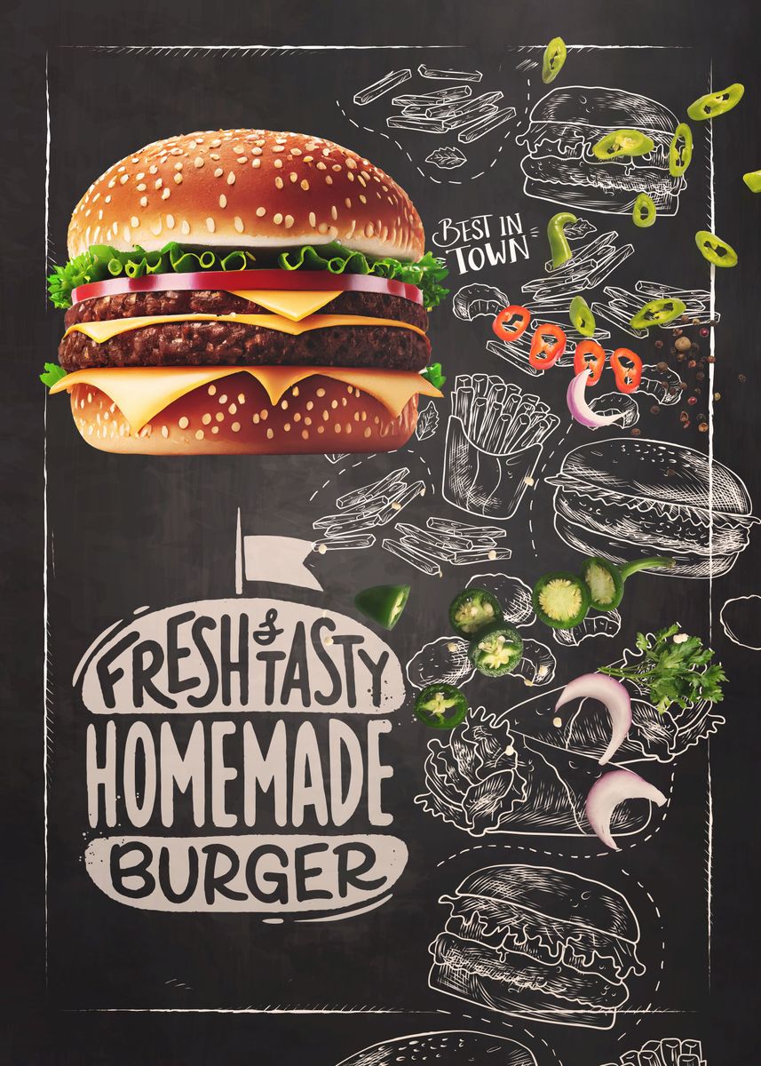 'Tasty Burger Chalkboard' Poster, picture, metal print, paint by Stefan ...
