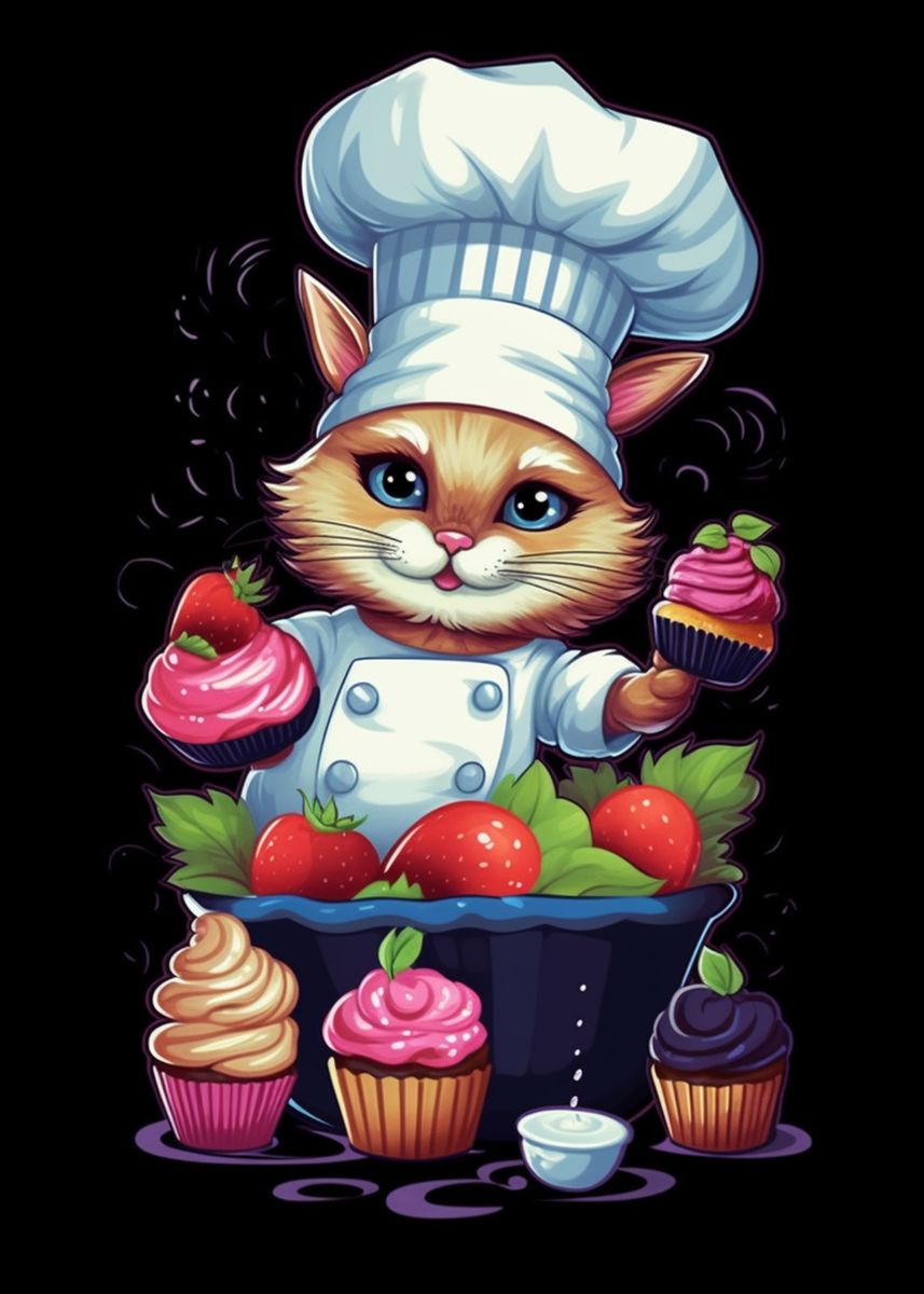 'Cat Baking Cupcakes' Poster, picture, metal print, paint by KING STONE ...