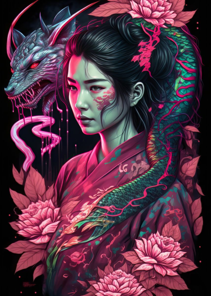 'Geisha Dragon Neon' Poster, picture, metal print, paint by Graphic ...