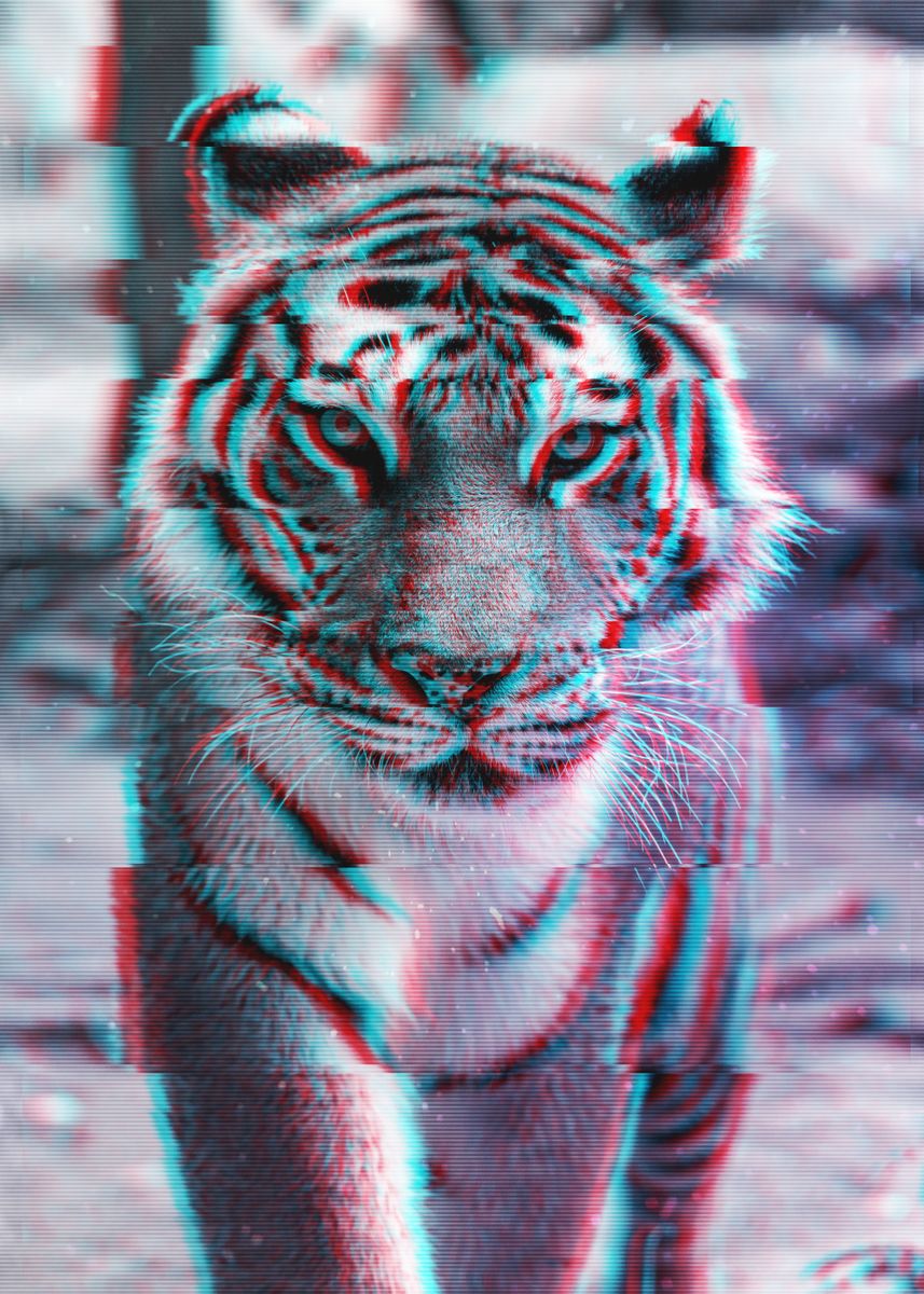 'Tiger On The Prowl Glitch' Poster, picture, metal print, paint by ...