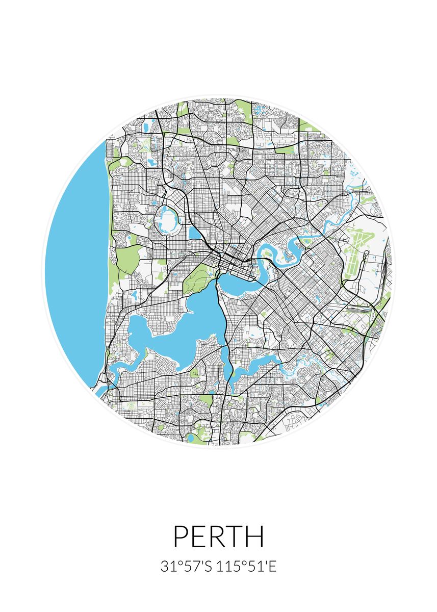 'Perth Circle City Map' Poster, picture, metal print, paint by dkDesign ...