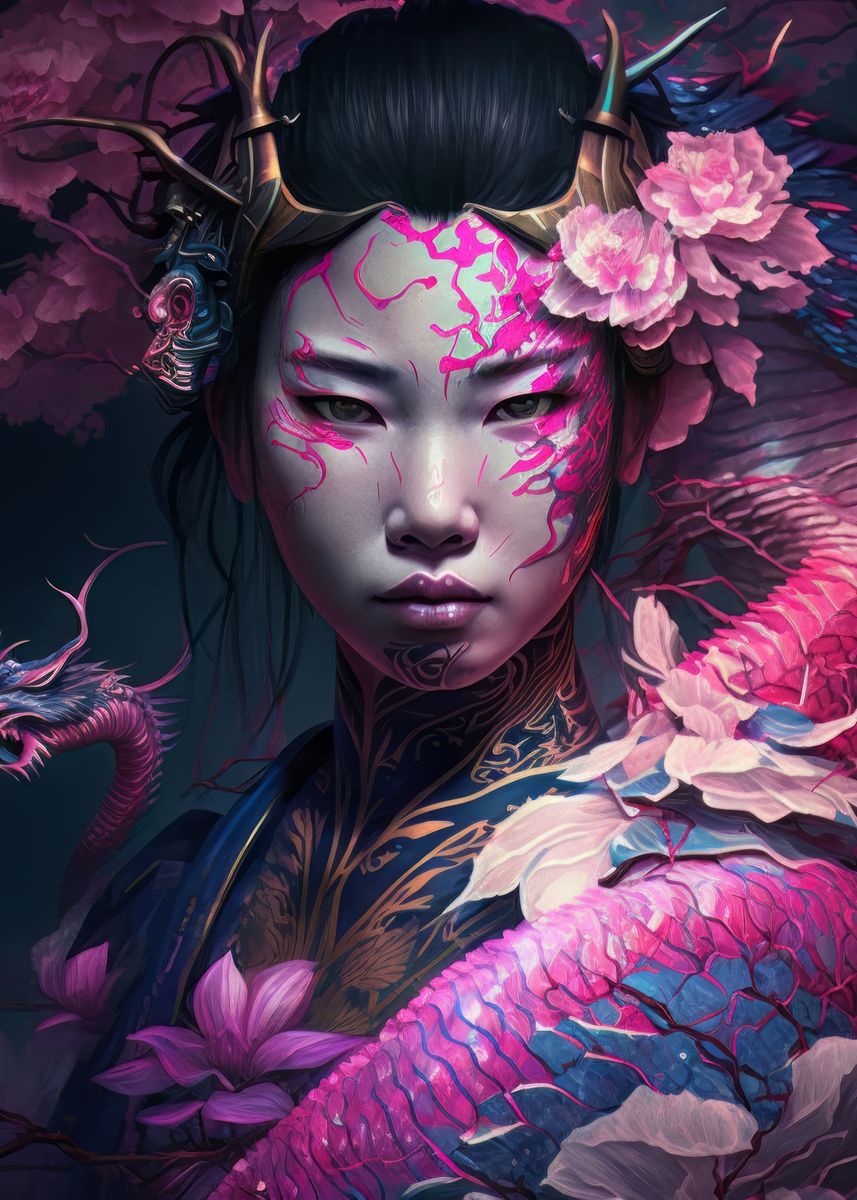 'Geisha Dragon Neon' Poster, picture, metal print, paint by Graphic ...