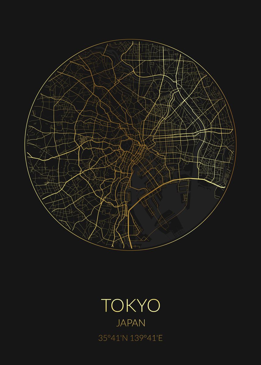 'Tokyo Black Gold Map' Poster, picture, metal print, paint by dkDesign | Displate