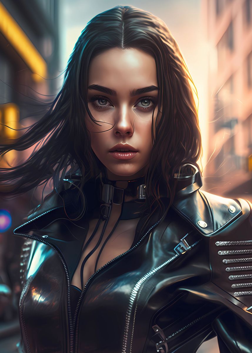 'Girl in a leather jacket' Poster, picture, metal print, paint by ...