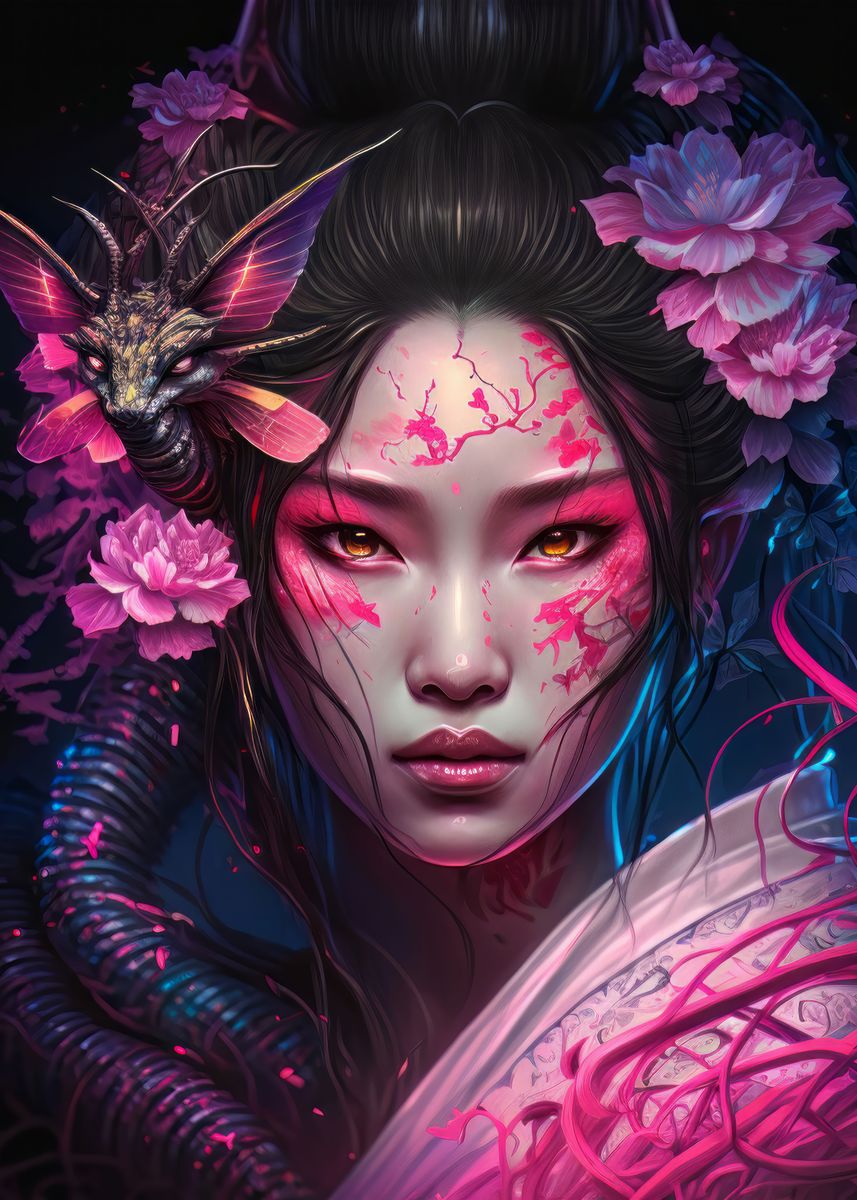 'Geisha Dragon Neon' Poster, picture, metal print, paint by Graphic ...