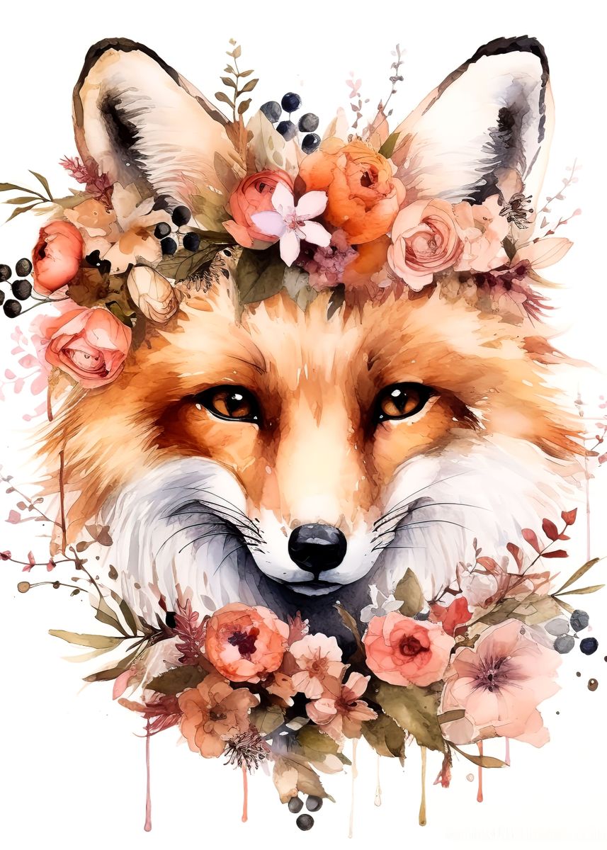 'Fox with flowers ' Poster, picture, metal print, paint by Kynan Art ...