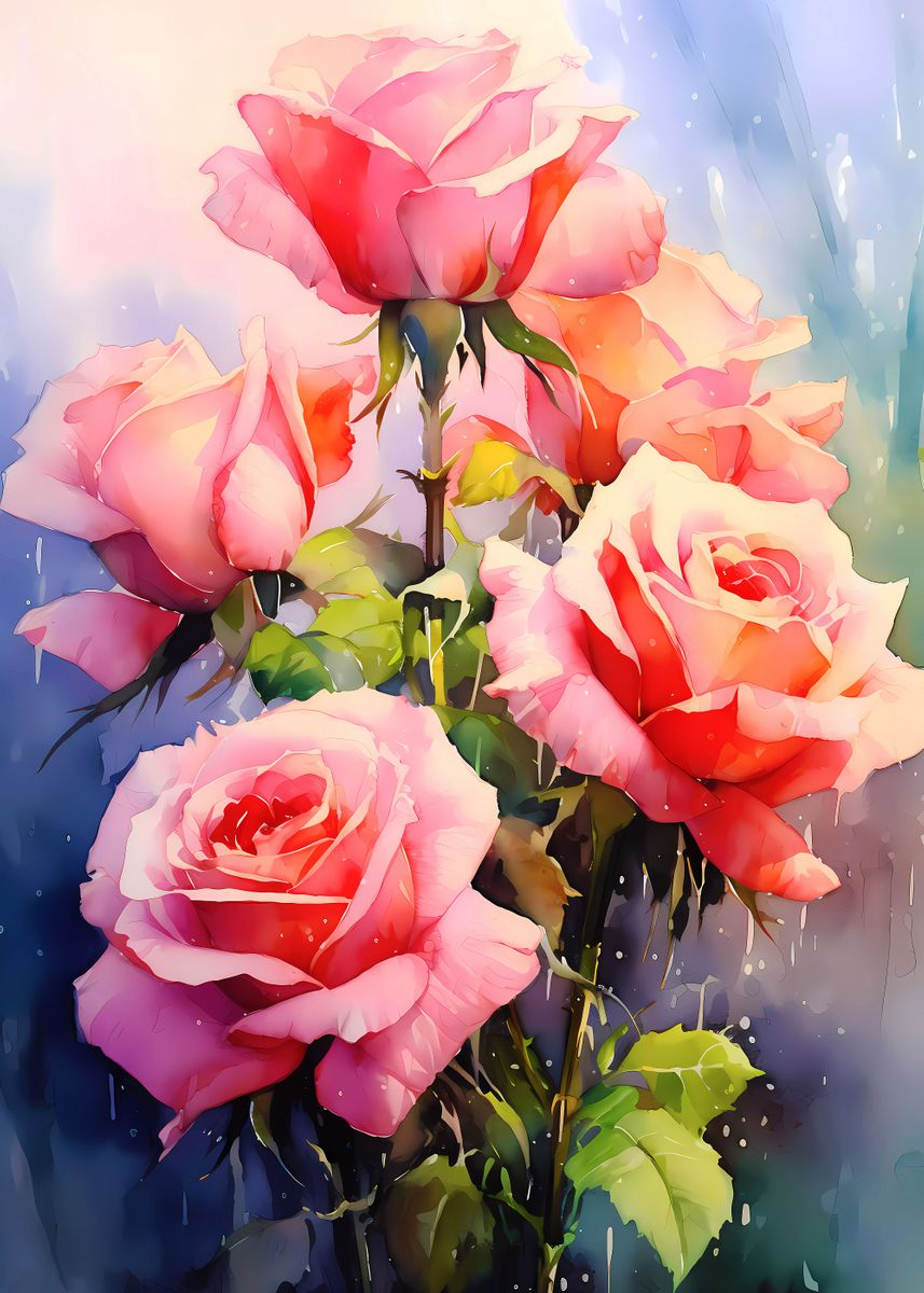 'Pink Roses Flowers Bouquet' Poster, picture, metal print, paint by ...