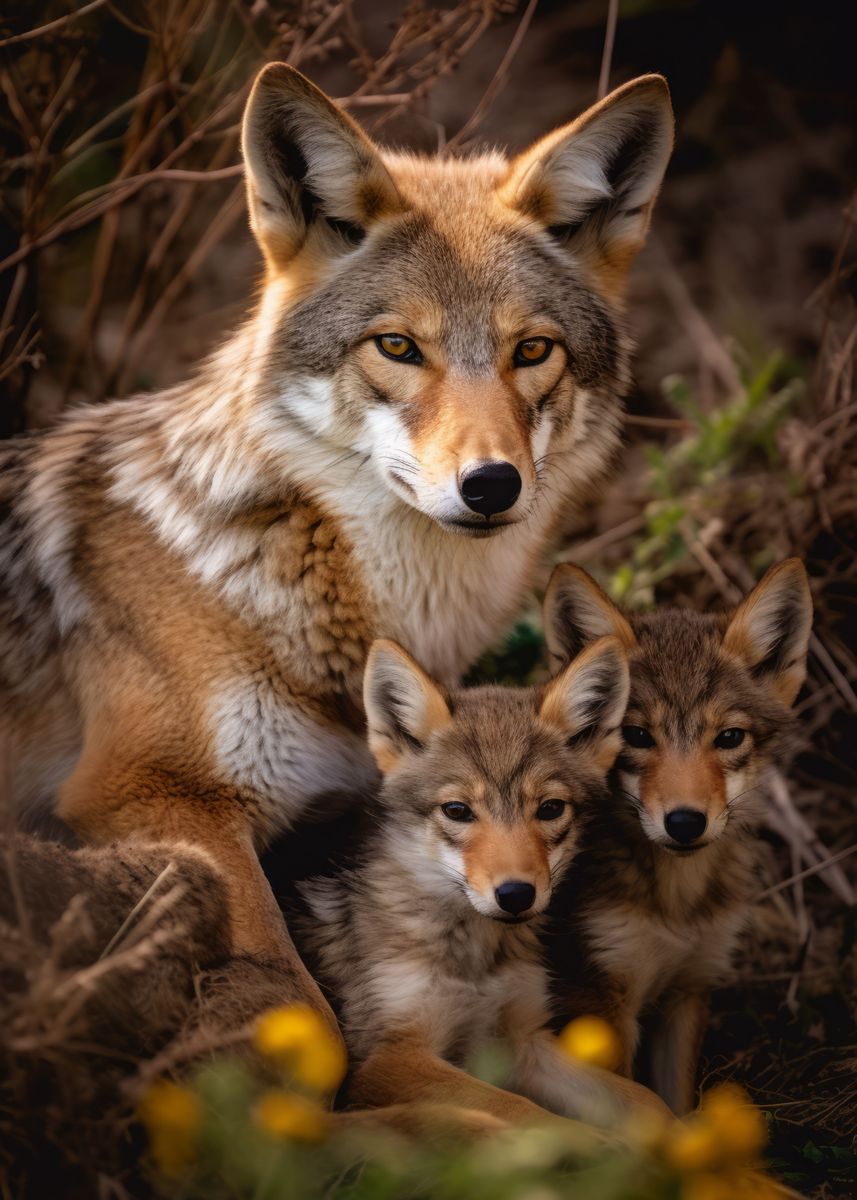 'Coyote With Pups' Poster by Five Senses Art | Displate