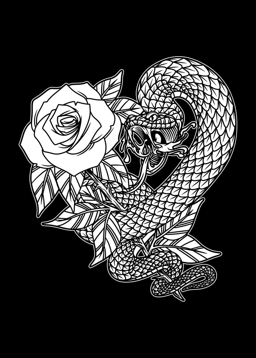'Viper and Red Roses BnW' Poster, picture, metal print, paint by hendra ...