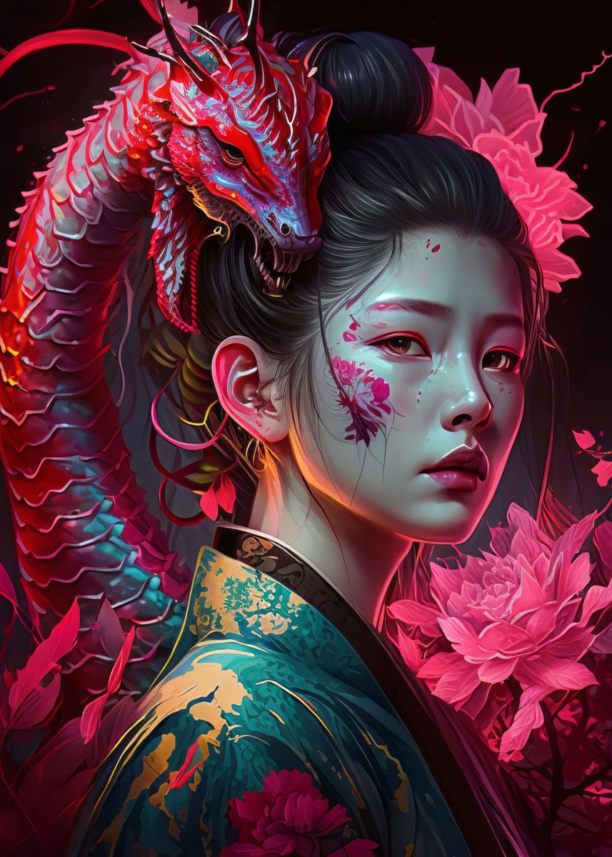 'Geisha Dragon Neon' Poster, picture, metal print, paint by Graphic ...