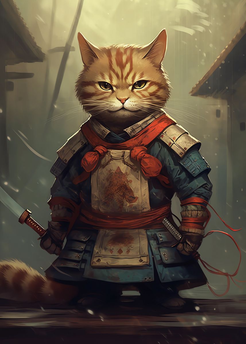 'Samurai cat' Poster, picture, metal print, paint by Xavi Lesec | Displate