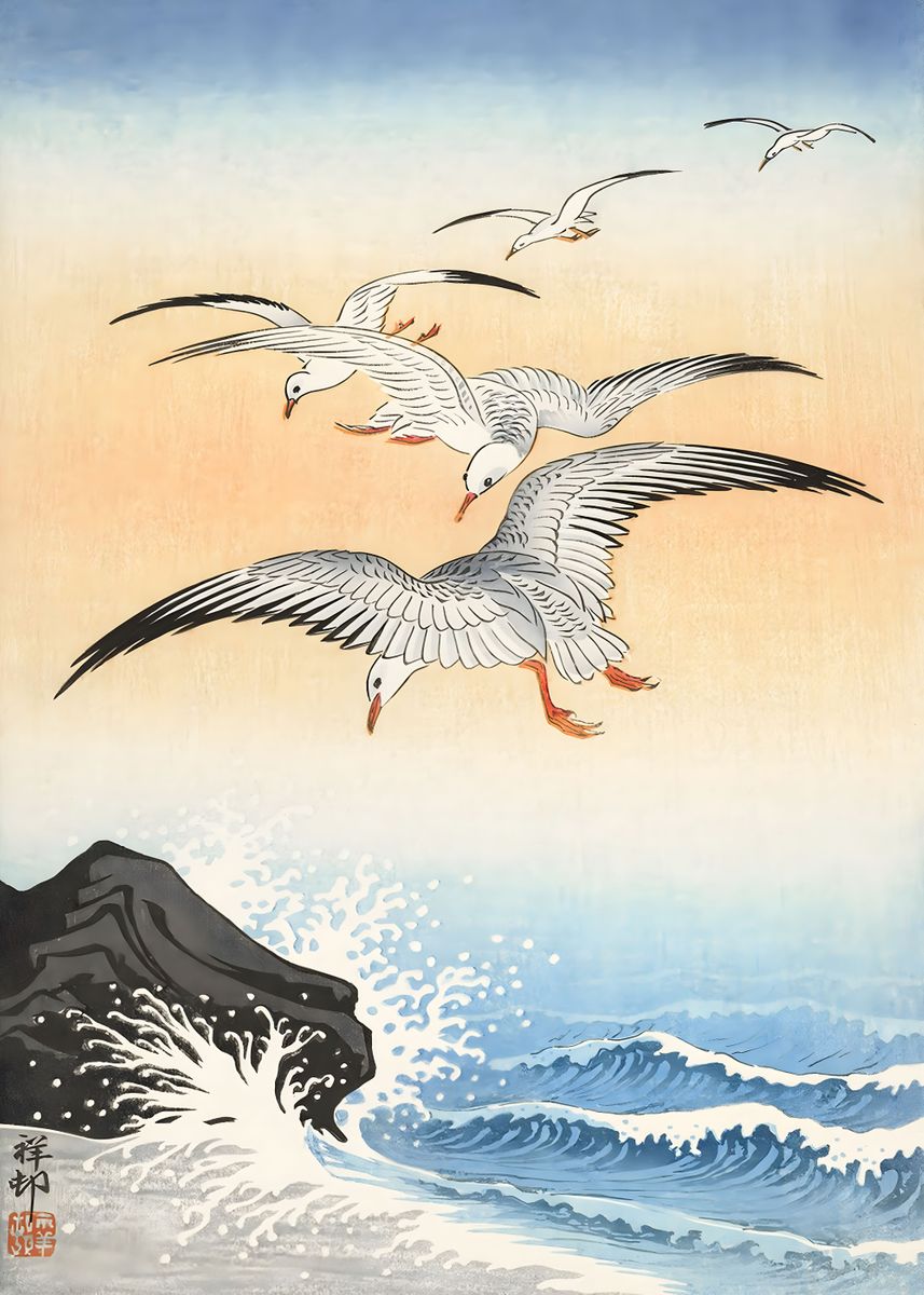 'Ukiyo e Five seagulls' Poster by kagezami | Displate