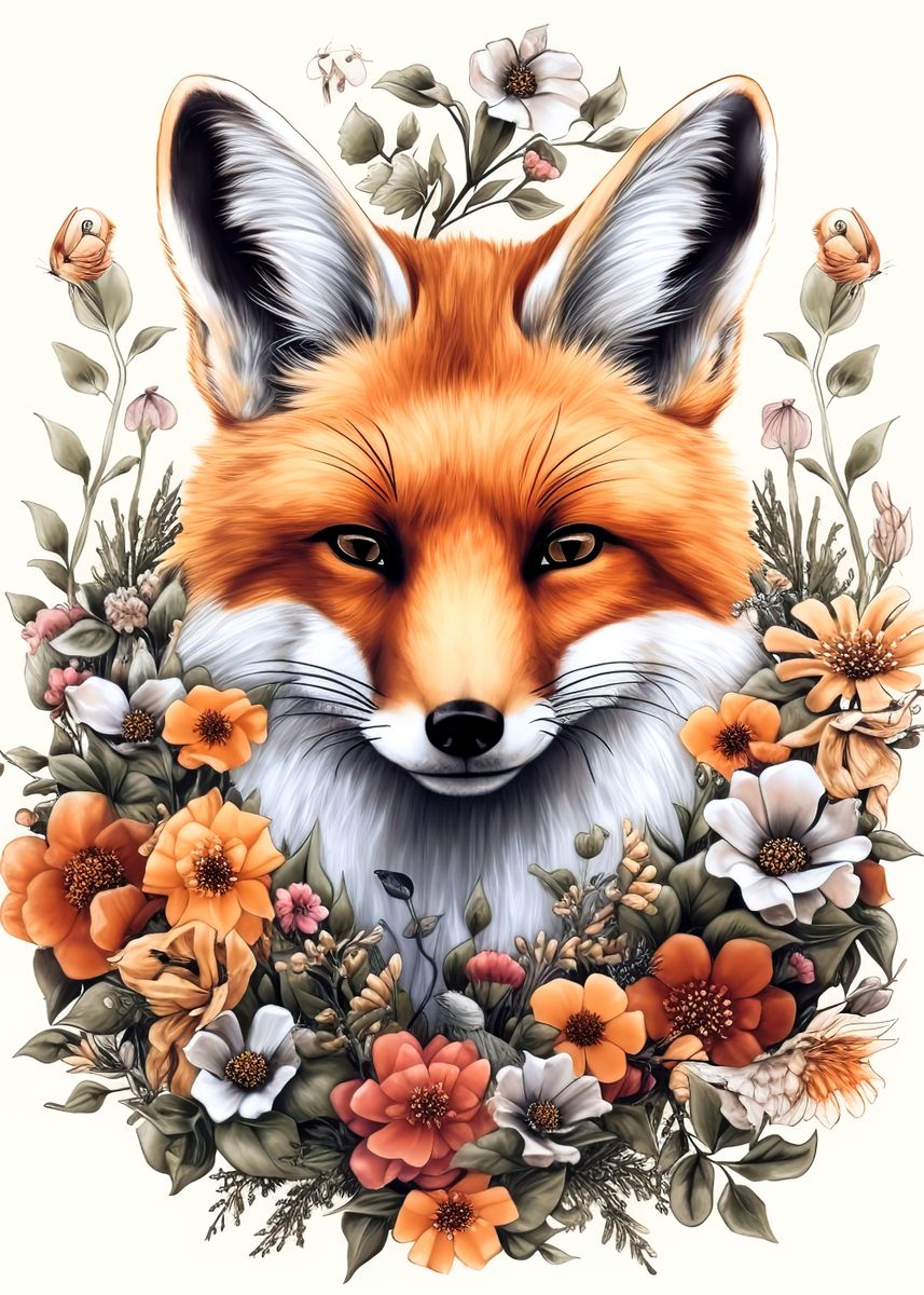 'Fox with flowers ' Poster, picture, metal print, paint by Kynan Art ...