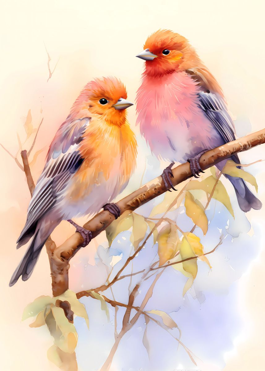 'Two Finch Birds Colorful' Poster, picture, metal print, paint by ...