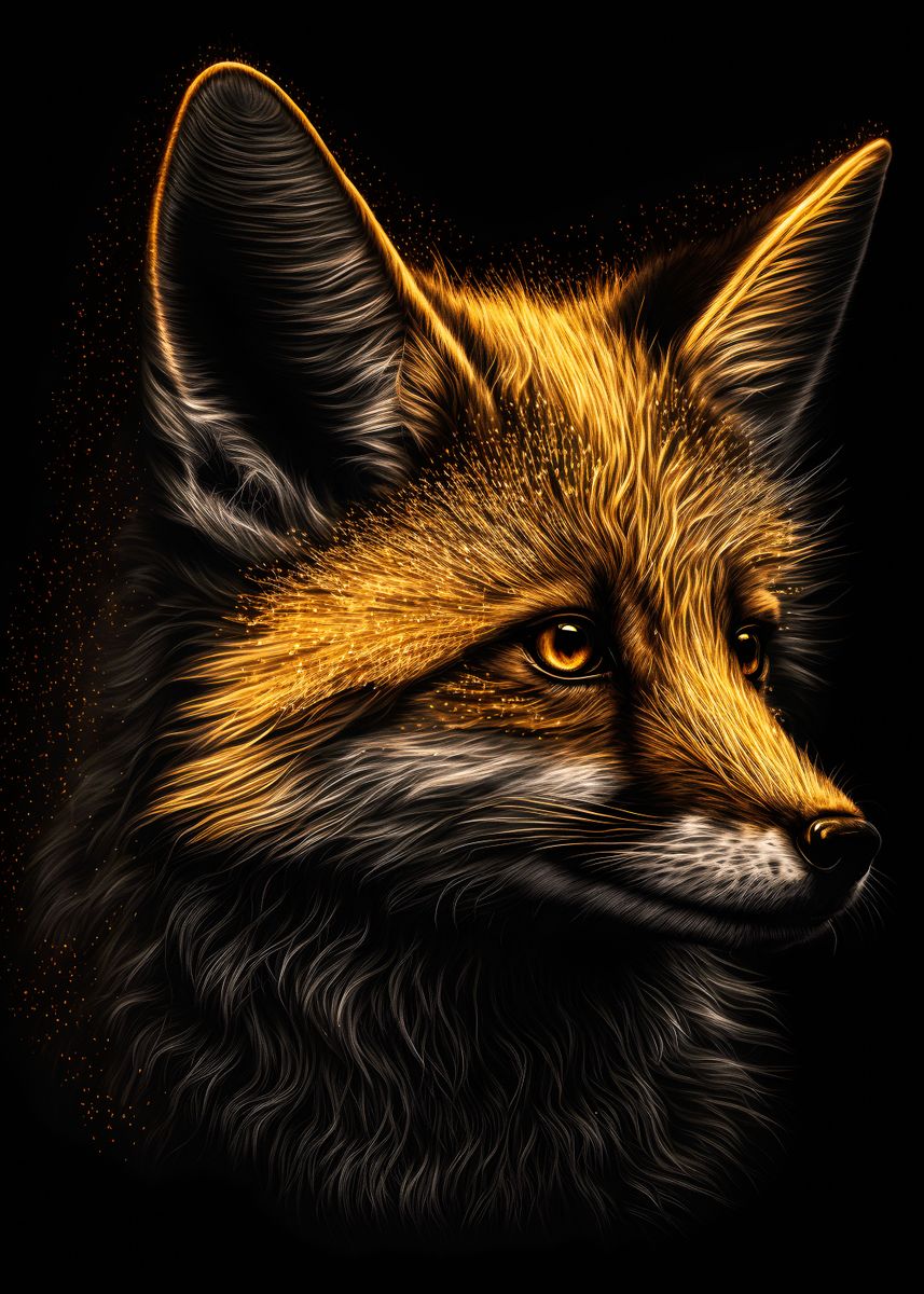 'Fox black gold' Poster, picture, metal print, paint by Elz art | Displate