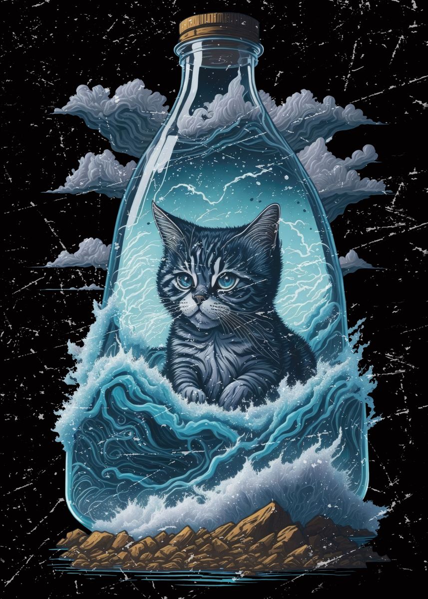 'Bottle Cat' Poster, picture, metal print, paint by Abu Abu | Displate