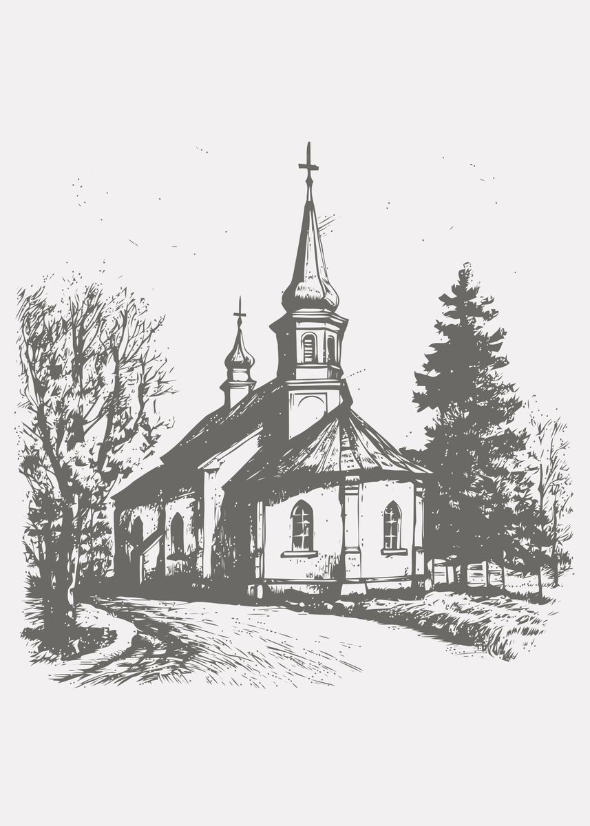 'Sketch of church hand draw' Poster, picture, metal print, paint by ...