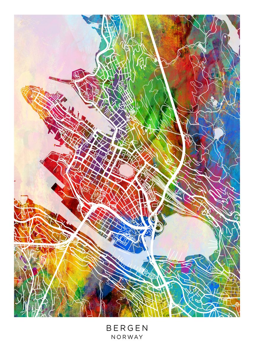 'Bergen Norway Map' Poster, picture, metal print, paint by Michael ...