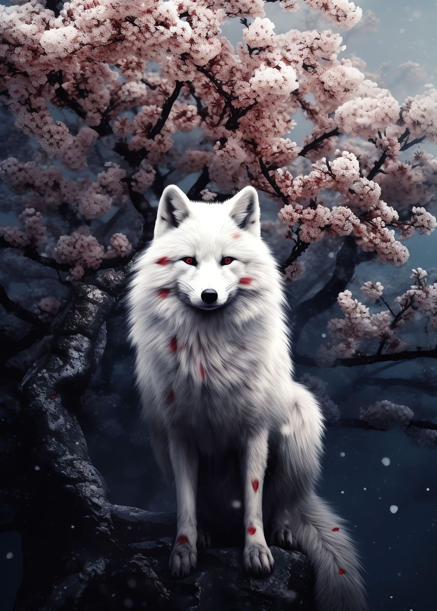 'Floral Cherry White Fox' Poster, picture, metal print, paint by Pixel ...