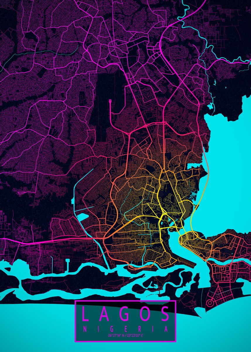 'Lagos City Map Neon' Poster, picture, metal print, paint by deMAP ...