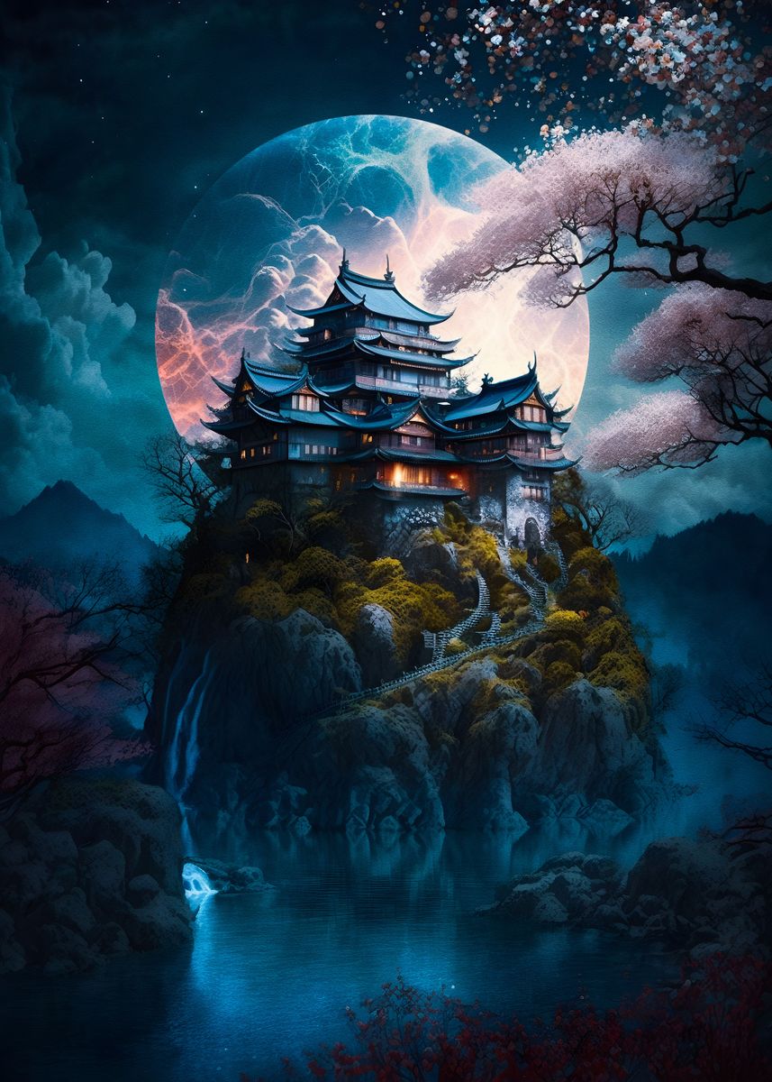 'Full Moon japanese Temple' Poster, picture, metal print, paint by ...