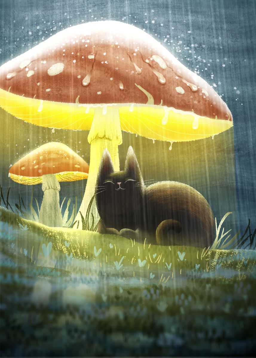 'Cat and the mushroom' Poster, picture, metal print, paint by ...