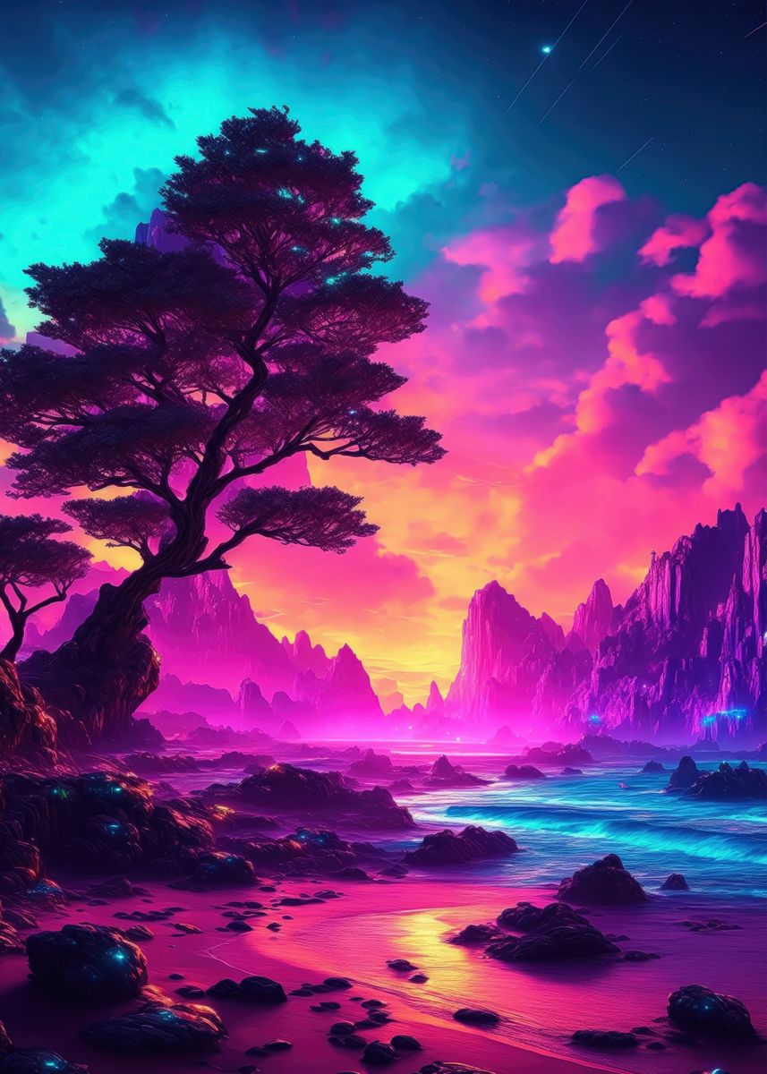 'Synthwave Beach Sunset' Poster, picture, metal print, paint by Juka ...