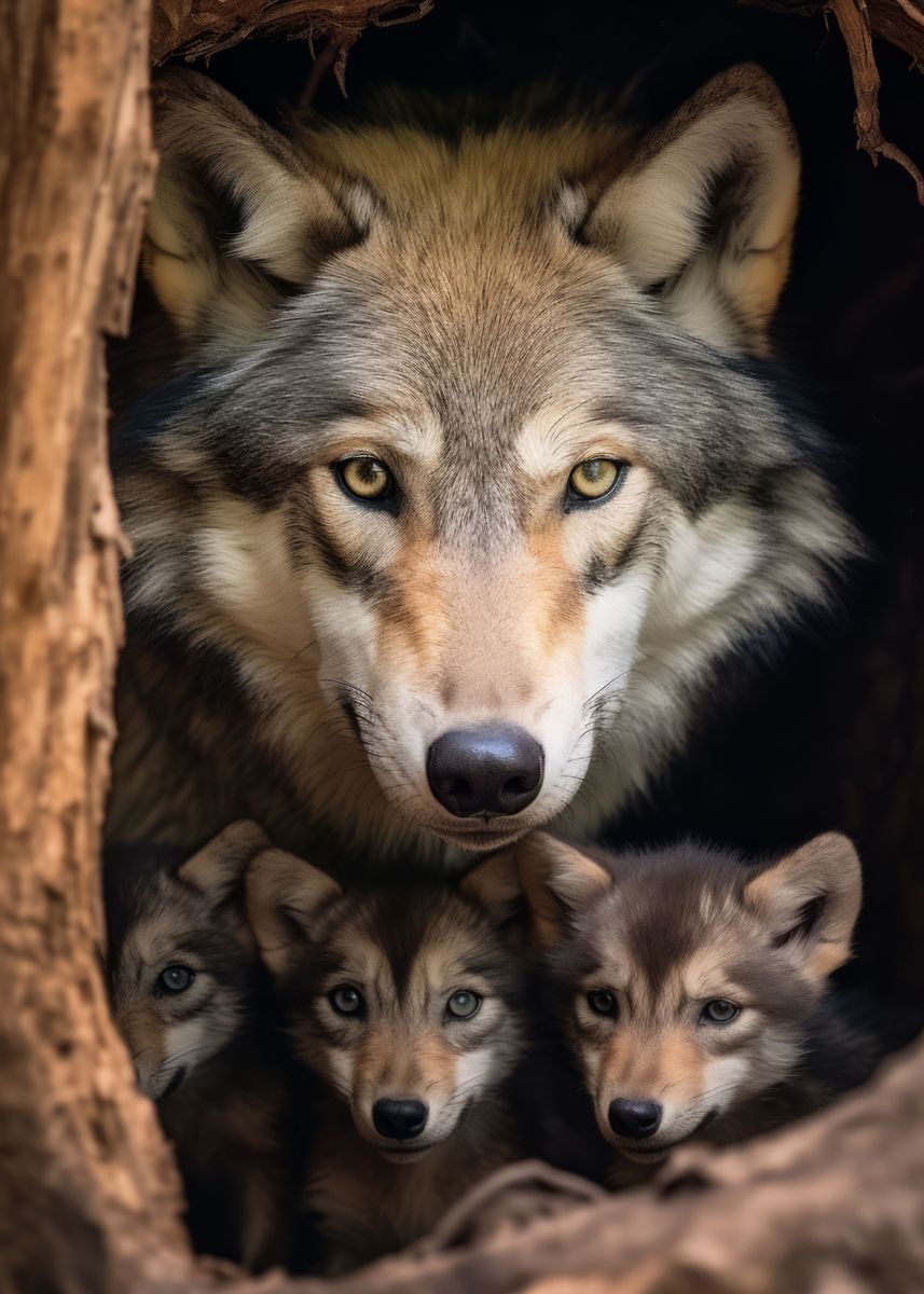 'Wolf With Pups' Poster by Five Senses Art | Displate