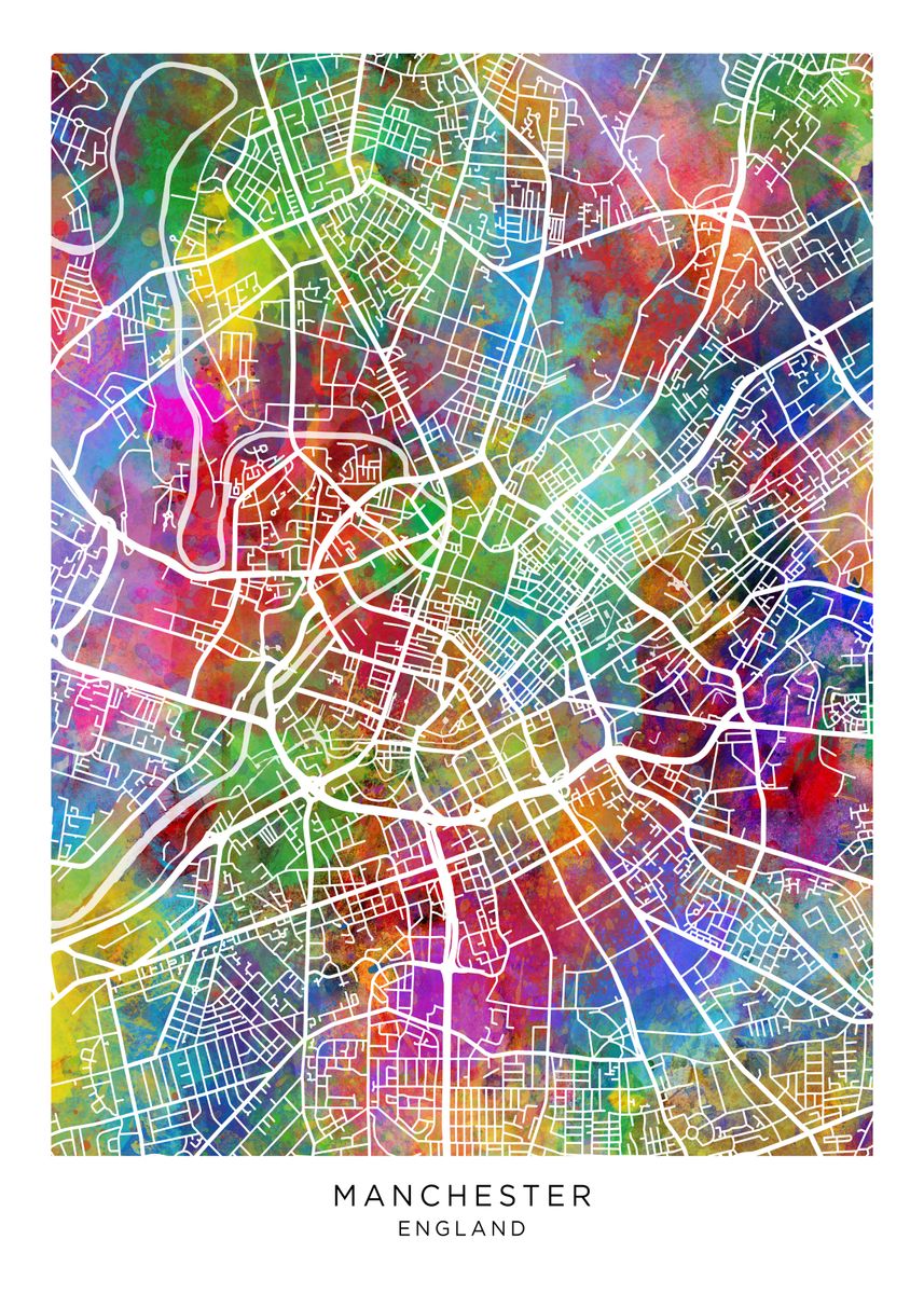 'Manchester England Map' Poster, picture, metal print, paint by Michael ...