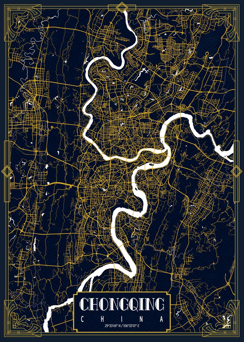 'Chongqing Map Art Deco' Poster, picture, metal print, paint by deMAP ...