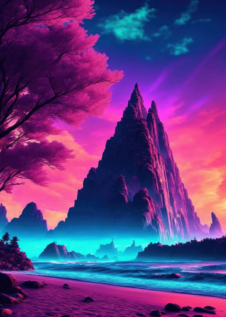 'Synthwave Beach Sunset' Poster by Juka Arts | Displate