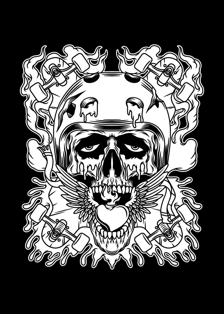 'skull longboard BnW' Poster, picture, metal print, paint by hendra ...