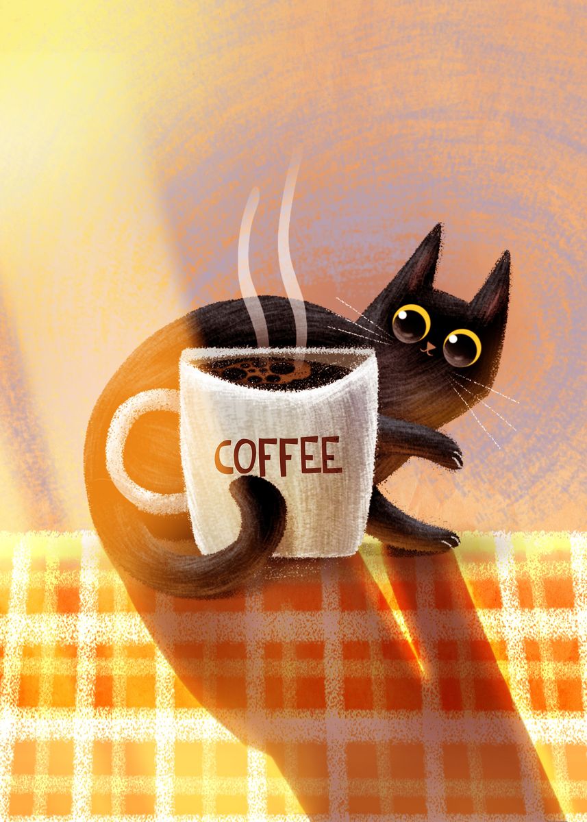 'Coffee with Cat' Poster, picture, metal print, paint by Leandrofca ...
