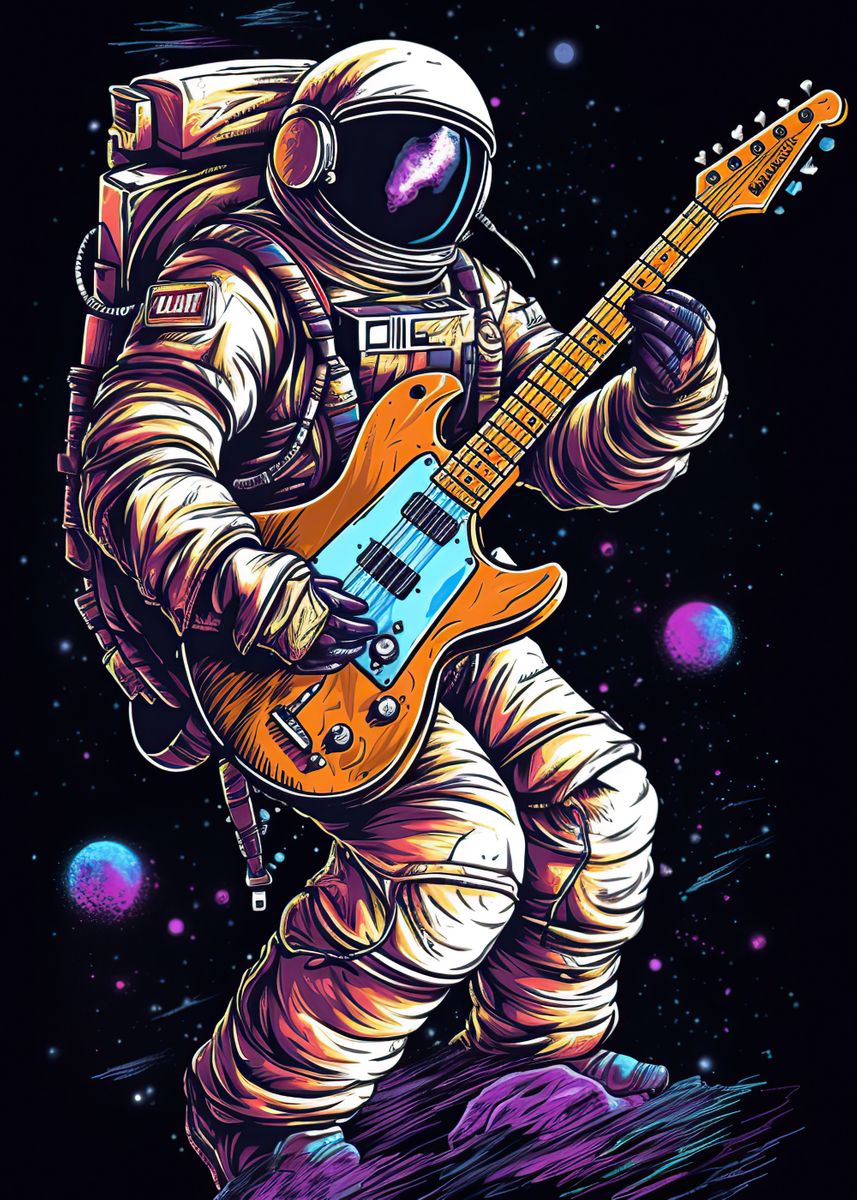 'astronaut playing guitar ' Poster, picture, metal print, paint by ...
