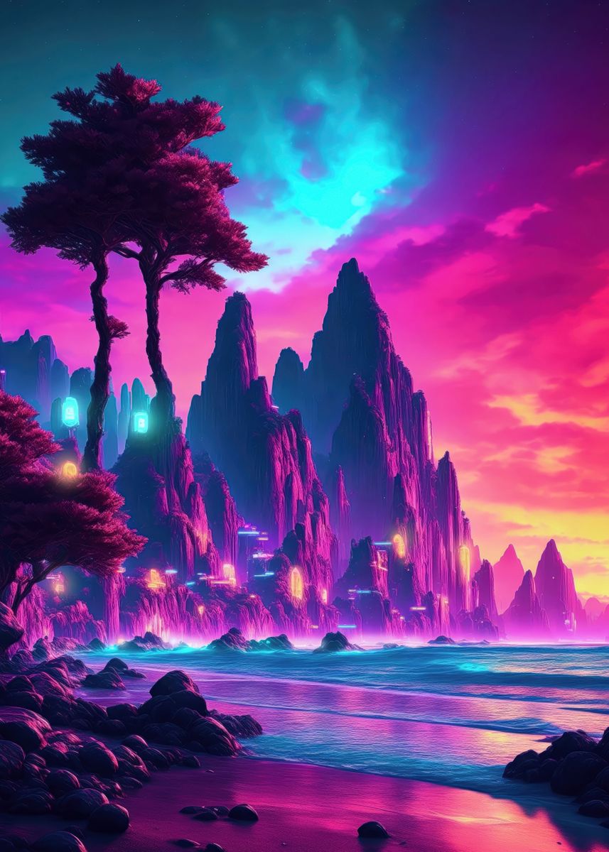 'Synthwave Beach Sunset' Poster, picture, metal print, paint by Juka ...