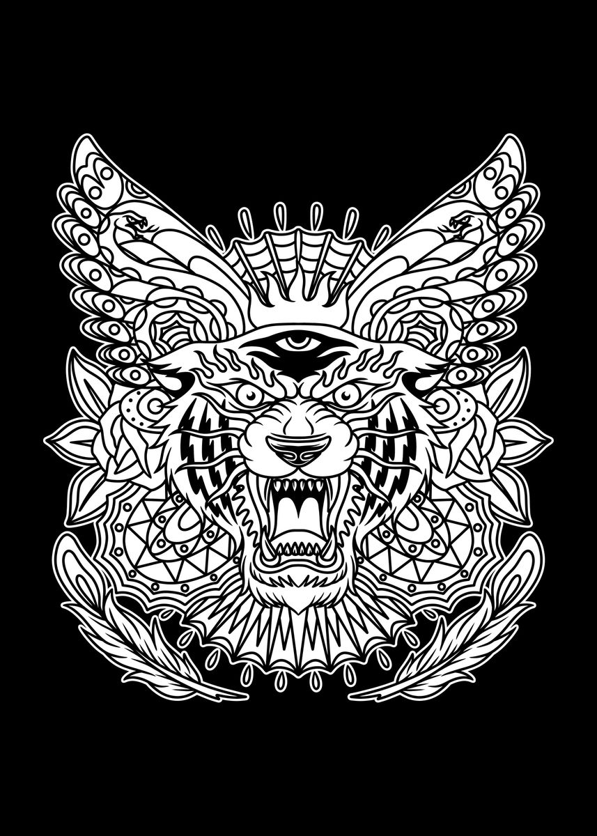 'Tiger Butterfy Trad BnW' Poster, picture, metal print, paint by hendra ...