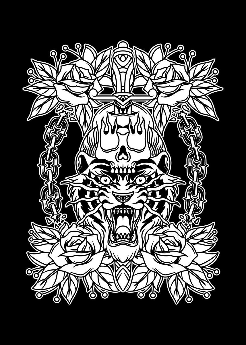 'Tiger Head Skull BnW' Poster by hendra pratama | Displate