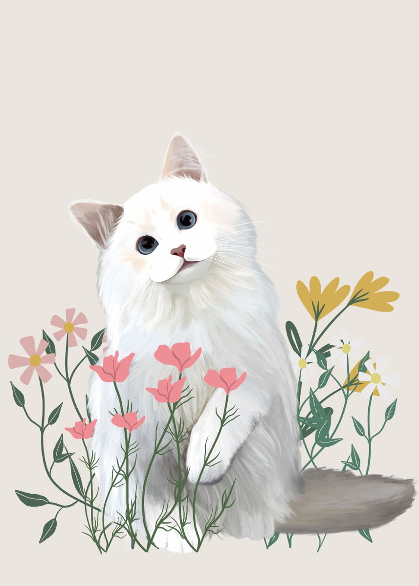 'Fluffy White Cat' Poster, picture, metal print, paint by Sunette Nel ...