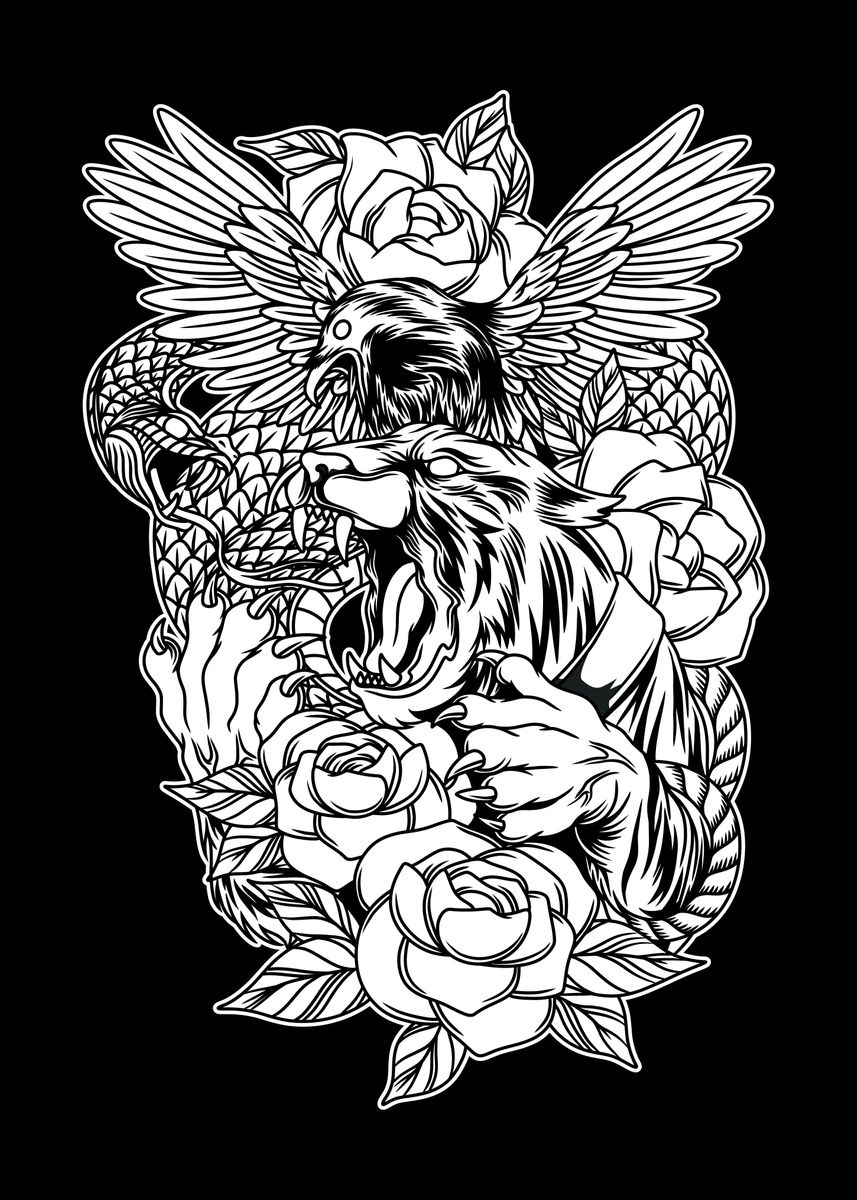 'Tiger Fight Snake BnW' Poster by hendra pratama | Displate