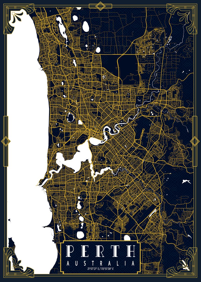 'Perth City Map Gold' Poster, picture, metal print, paint by deMAP Studio | Displate