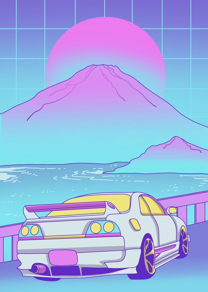 'Nissan anime retro fuji' Poster, picture, metal print, paint by ...