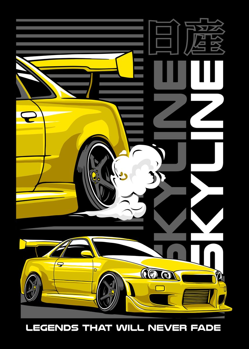 'Yellow Nissan Skyline' Poster, picture, metal print, paint by Iqbal ...