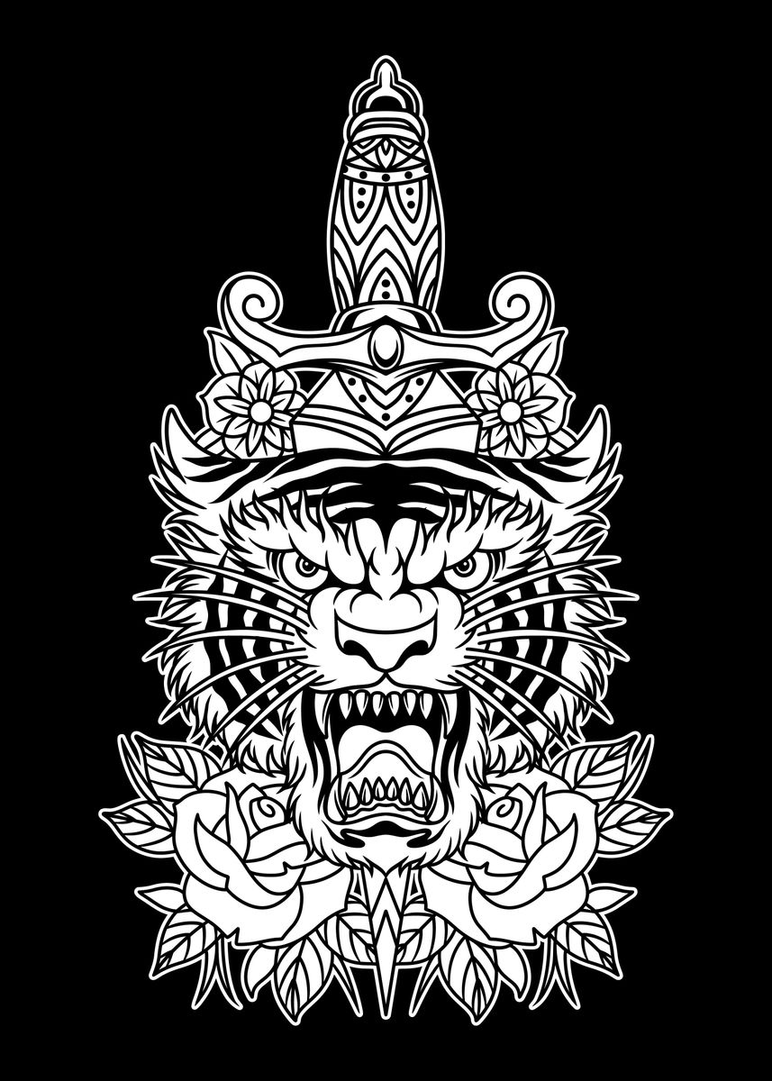 ' Dagger Tiger Tattoo BnW' Poster, picture, metal print, paint by ...