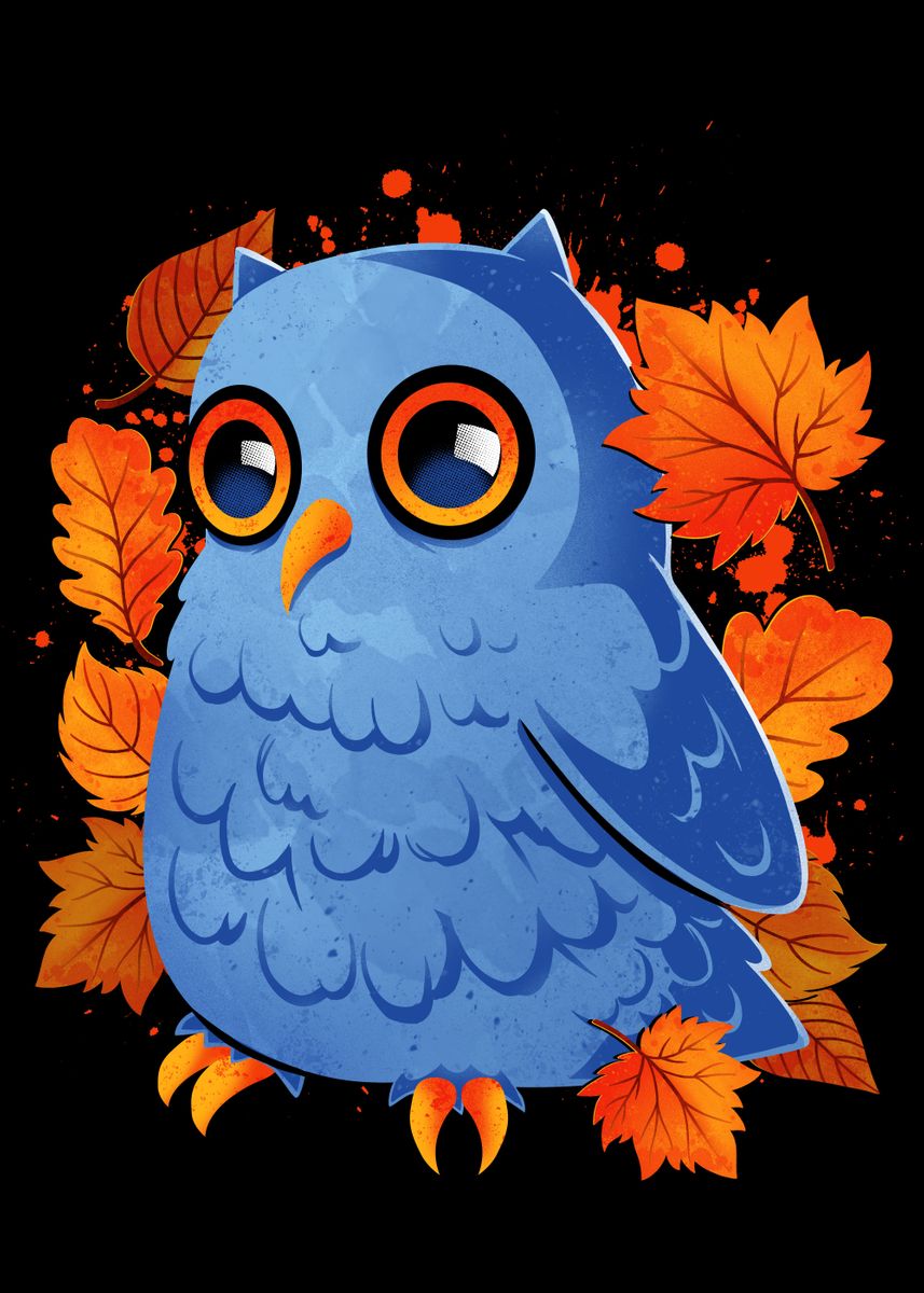 'Blue Owl Autumn Leaves' Poster by Digital Magician | Displate