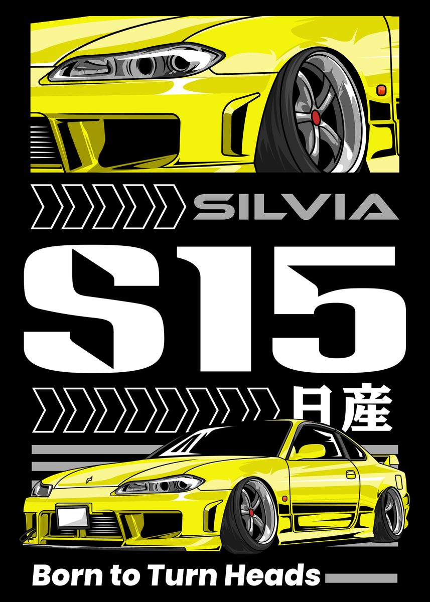 'Yellow Silvia S15 Car' Poster, picture, metal print, paint by Mikhaila ...