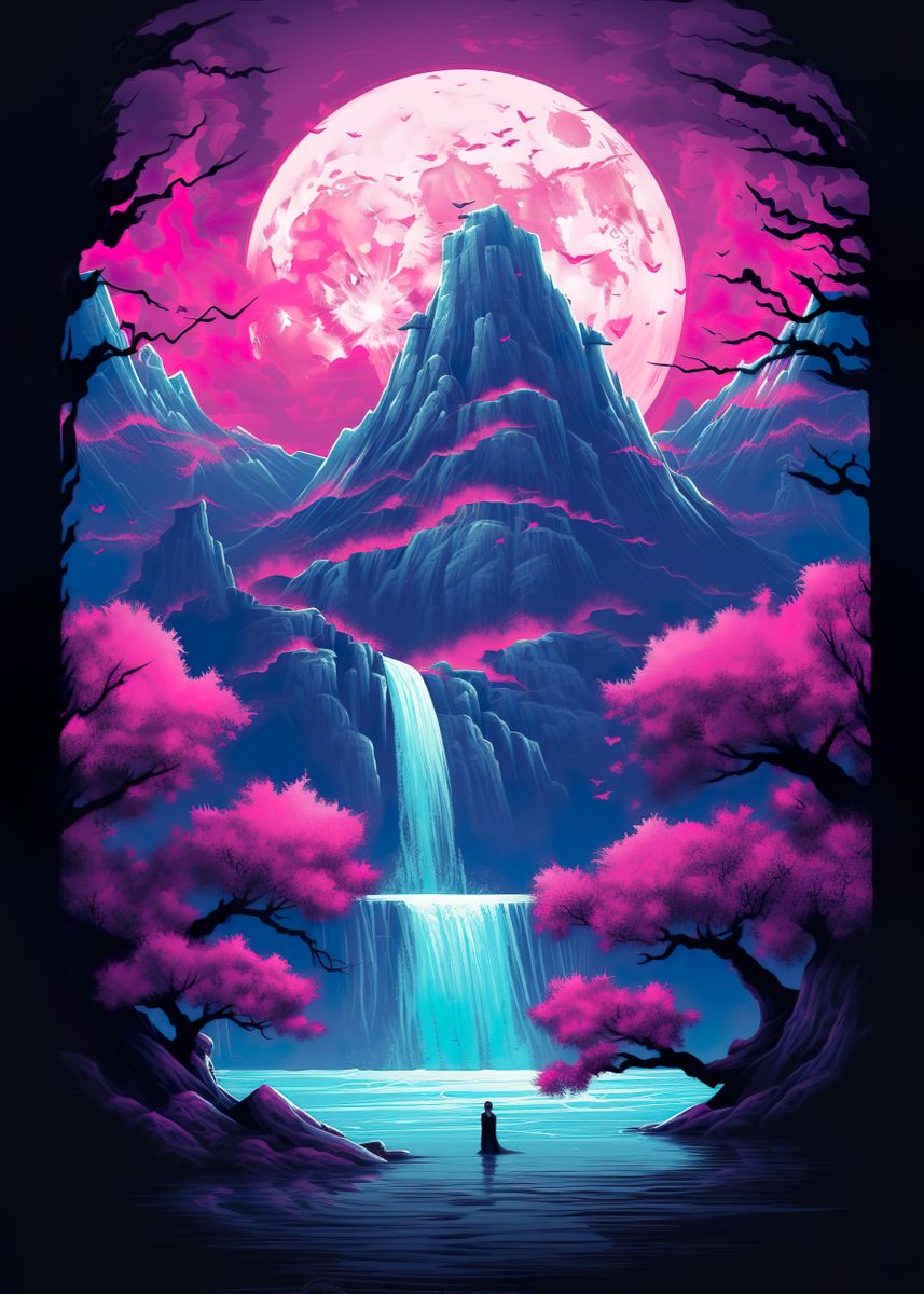 'Psychedelic Waterfall Moon' Poster, picture, metal print, paint by ...