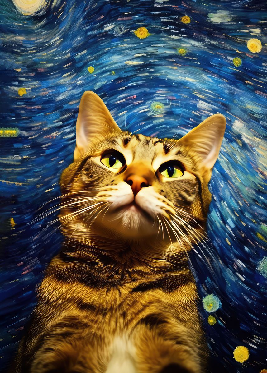 'cat starry night painting ' Poster, picture, metal print, paint by ...