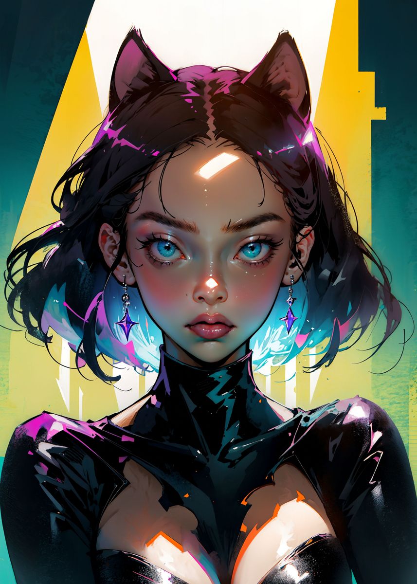 'Cat girl' Poster, picture, metal print, paint by Lukasz Kobylka | Displate